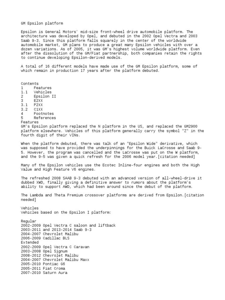 Epsilon GM | PDF | Front Wheel Drive Vehicles | Automotive Industry