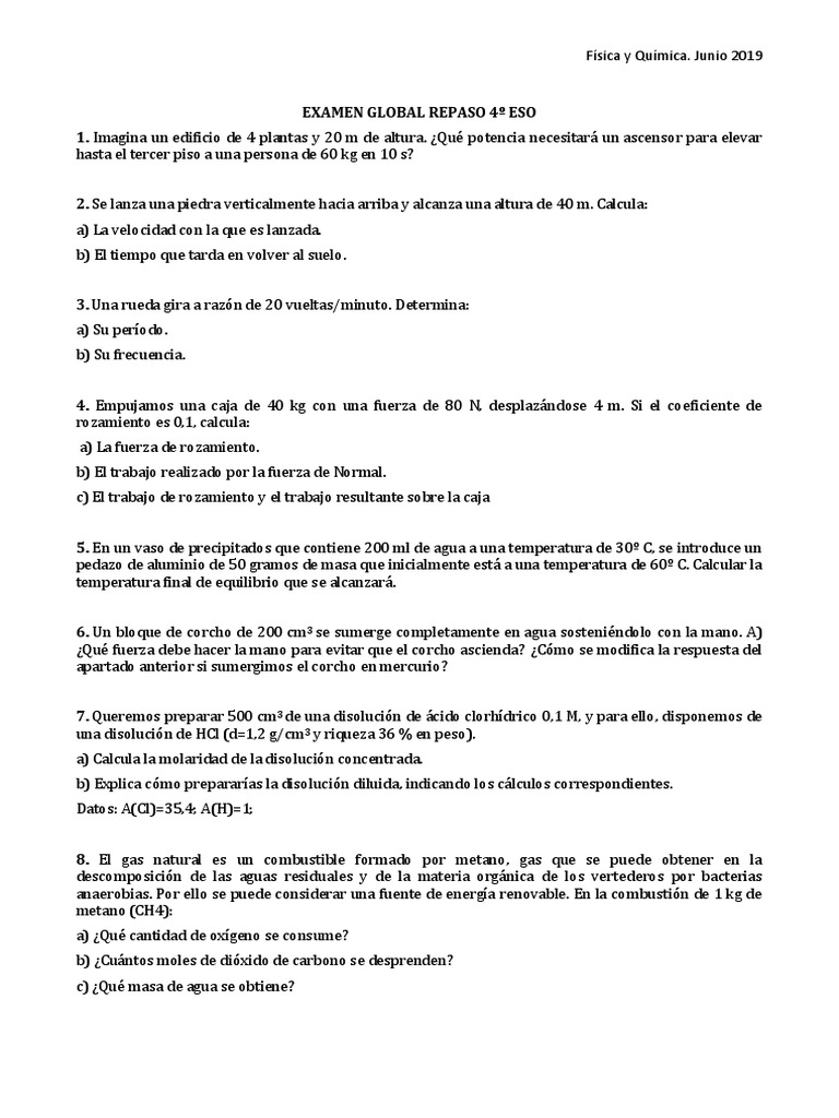 Examen Global Repaso 4º Eso. Fyq | PDF | Metano | Carbón
