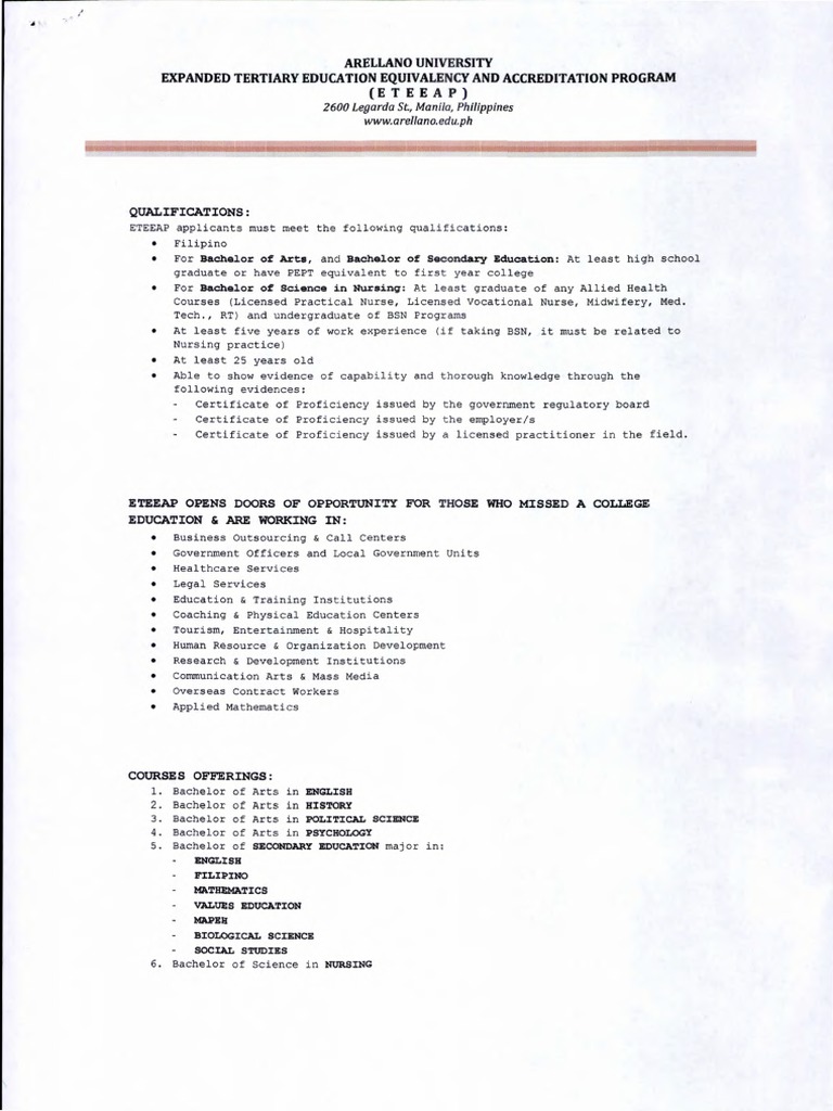 Arellano Eteeap Requirements | PDF | Bachelor's Degree | Nursing