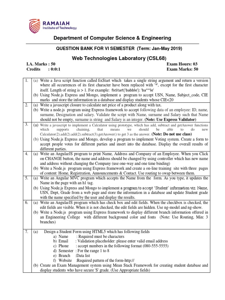 Web Lab Question Bank | PDF | Angular Js | Java Script