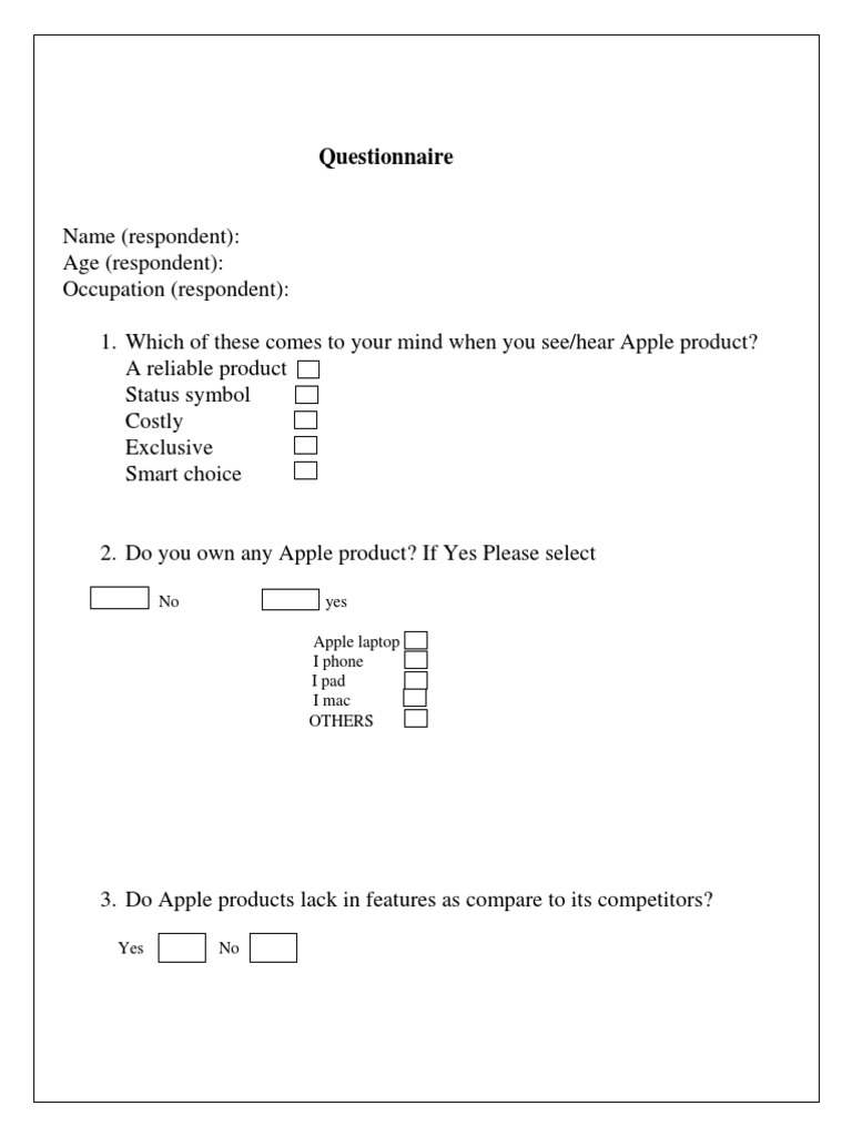 Questionnaire: No Yes Apple Laptop I Phone I Pad I Mac Others | PDF
