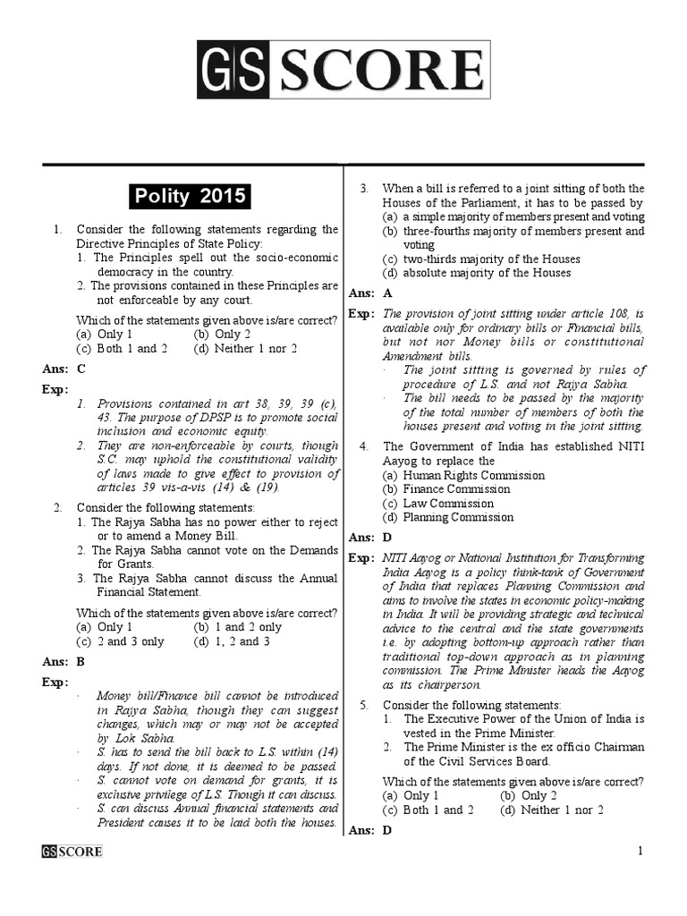 Polity 2015: Ans: A Exp: The Provision of Joint Sitting Under Article ...