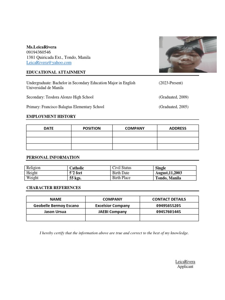 Leica Rivera Resume for Secondary Education Major in English | PDF