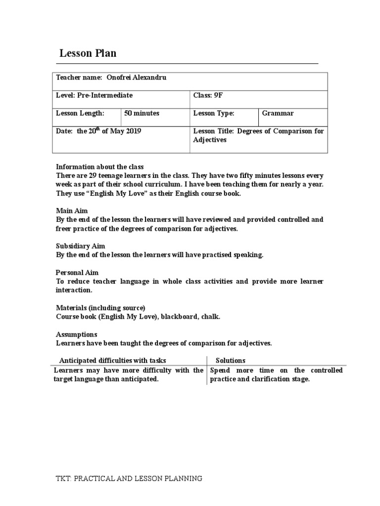 Lesson Plan: TKT: Practical and Lesson Planning | PDF | Adjective ...