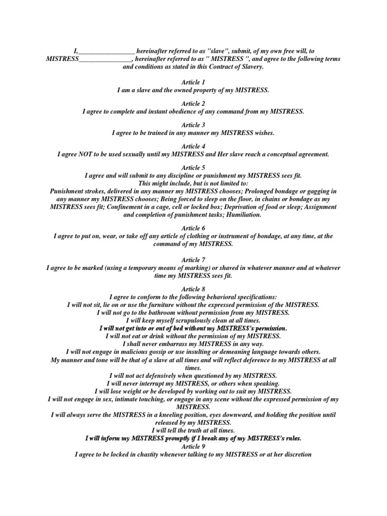 Mistress Slave Contract Agreement | PDF | Social Institutions | Social ...