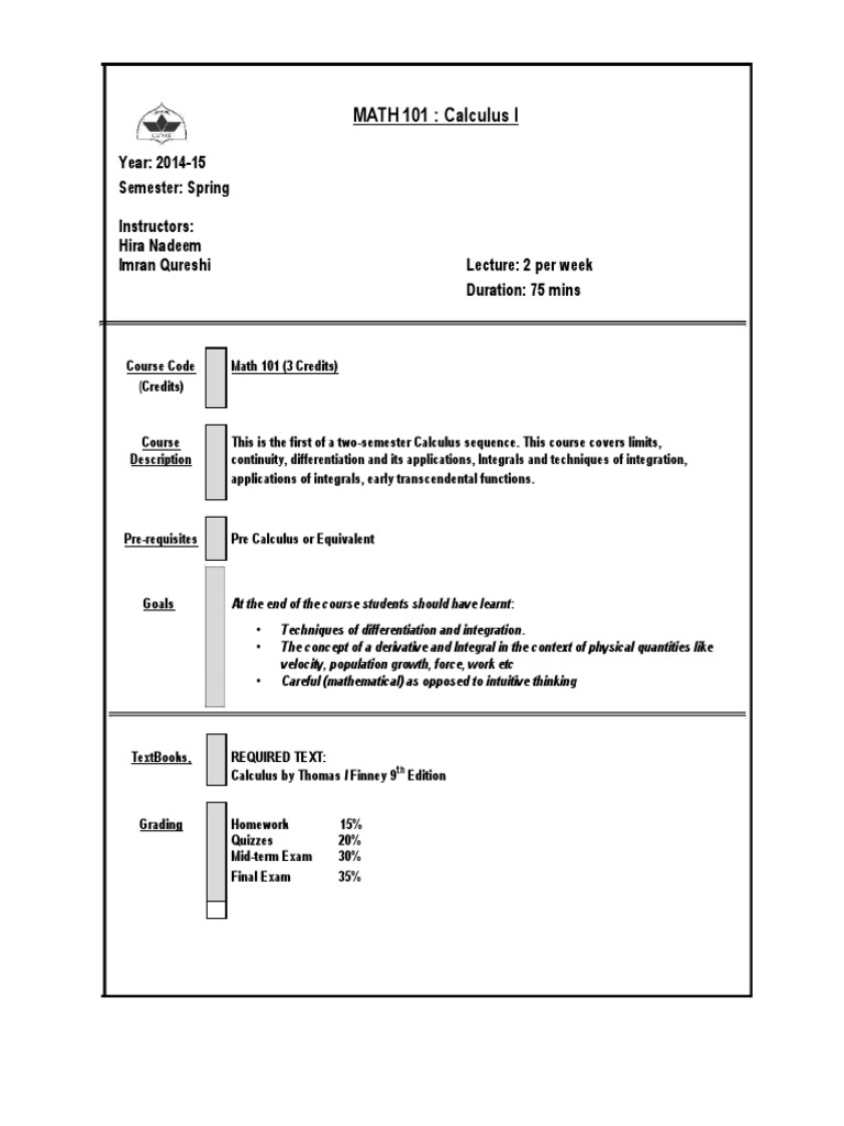 MATH 101-Calculus 1-Hira Nadeem | PDF | Derivative | Integral