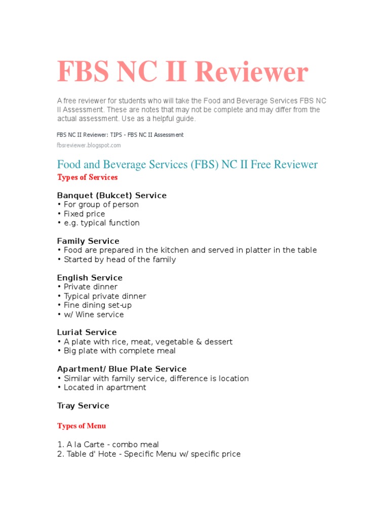 Fbs NC II Reviewer | Download Free PDF | Tableware | Spoon