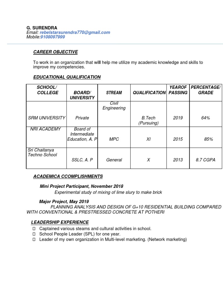 Career Objective: G. Surendra | PDF