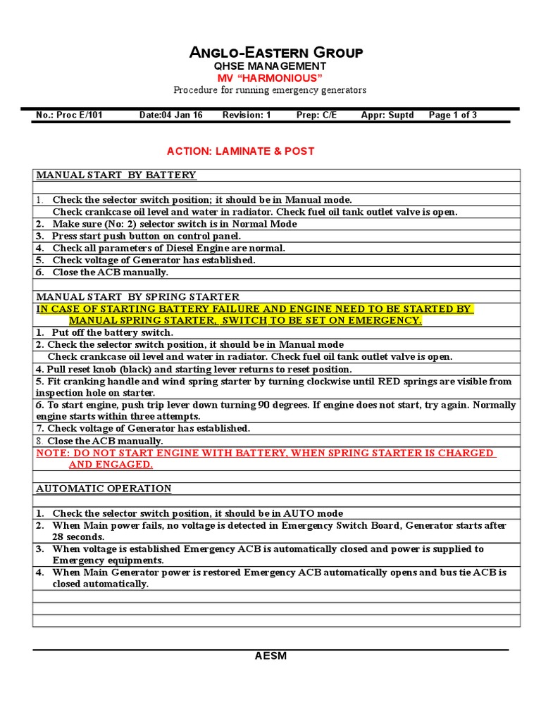 E-101 Procedure For Running Emergency Generator | PDF | Switch ...