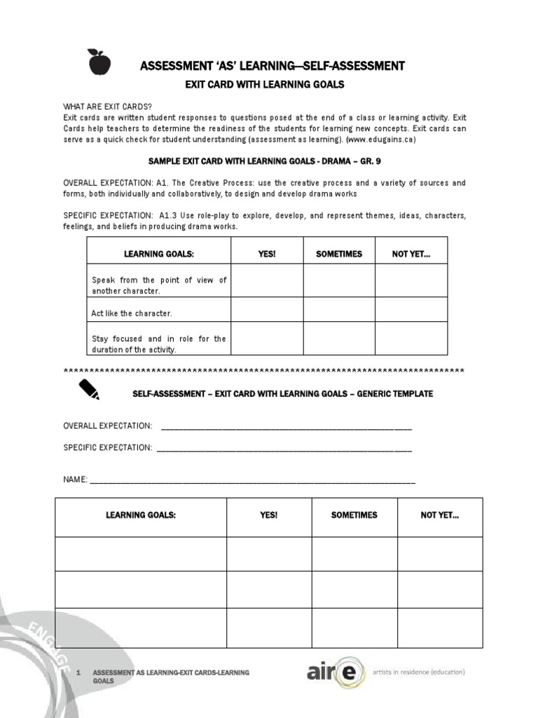 Assessment As Learning Exit Cards Learning Goals | PDF