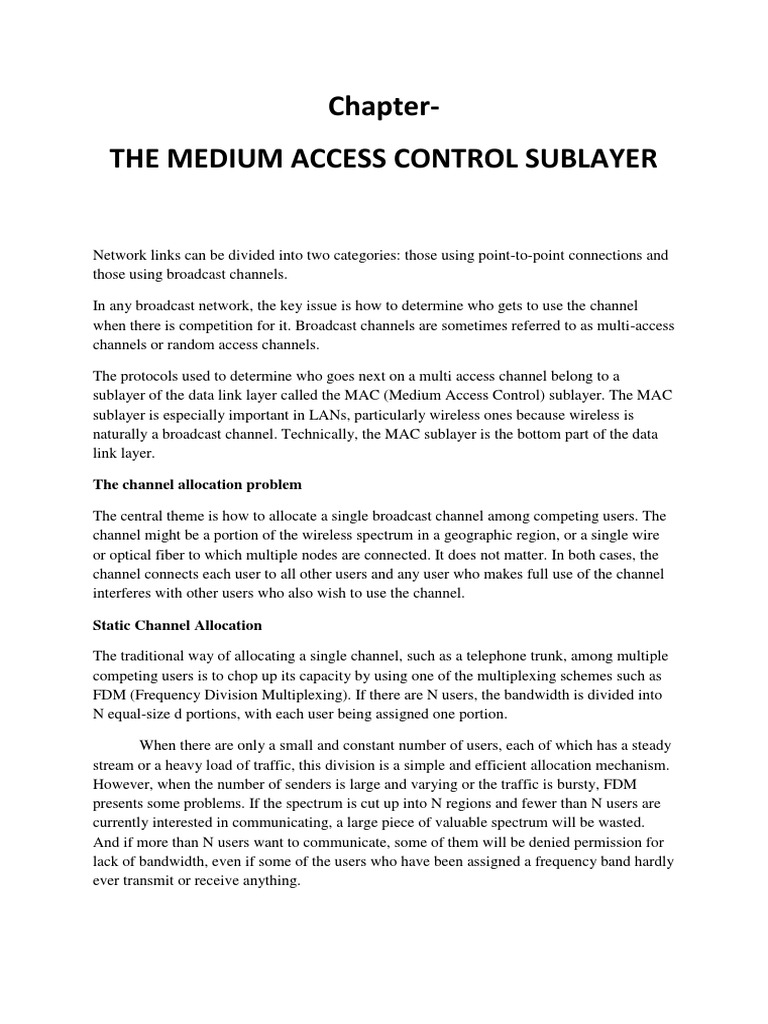 Chapter-The Medium Access Control Sublayer: The Channel Allocation Problem | PDF | Channel ...
