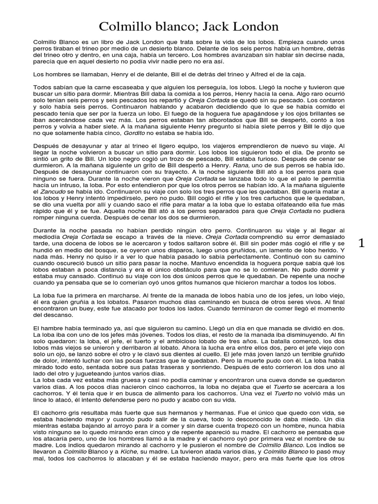 Colmillo Blanco RESUMEN | PDF | Colmillo Blanco