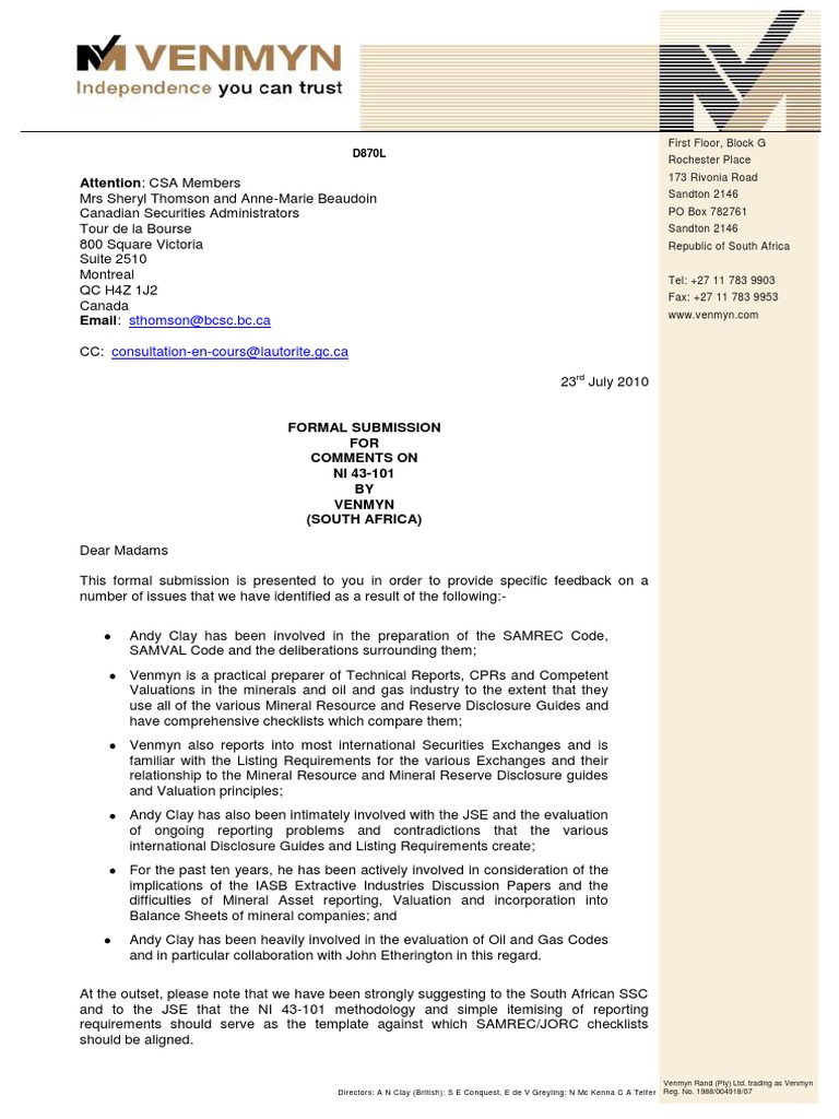 Com - 20100723 - 43-101 - Claya Comparison of Table Ni 43 101 Vs Samrec ...