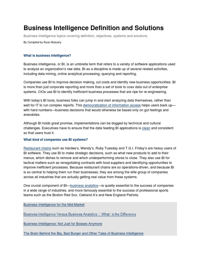 Business Intelligence Definition and Solutions | PDF | Business ...