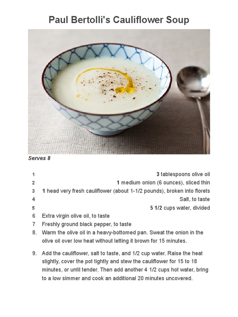 Cauliflower Soup, Paul Bertolli | PDF | Cooking, Food & Wine