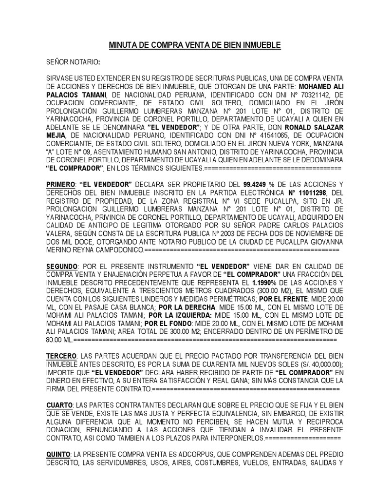 MINUTA DE COMPRA VENTA DE BIEN INMUEBLE - MOHAMED.docx | Derecho civil (sistema legal) | Derecho ...