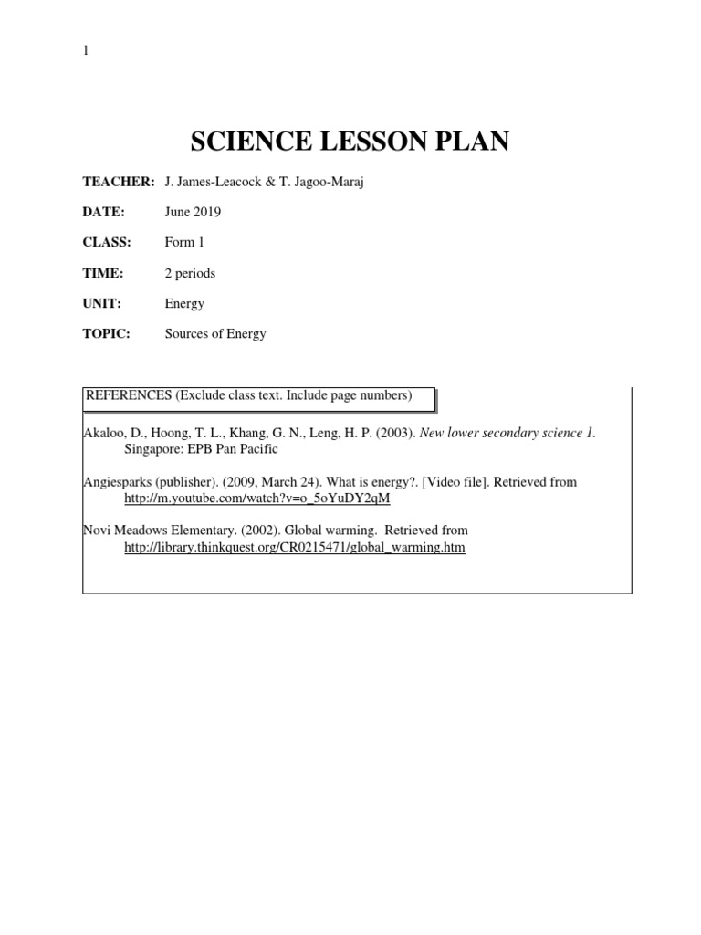 Energy Sources Lesson Plan for Students | PDF | Educational Technology ...