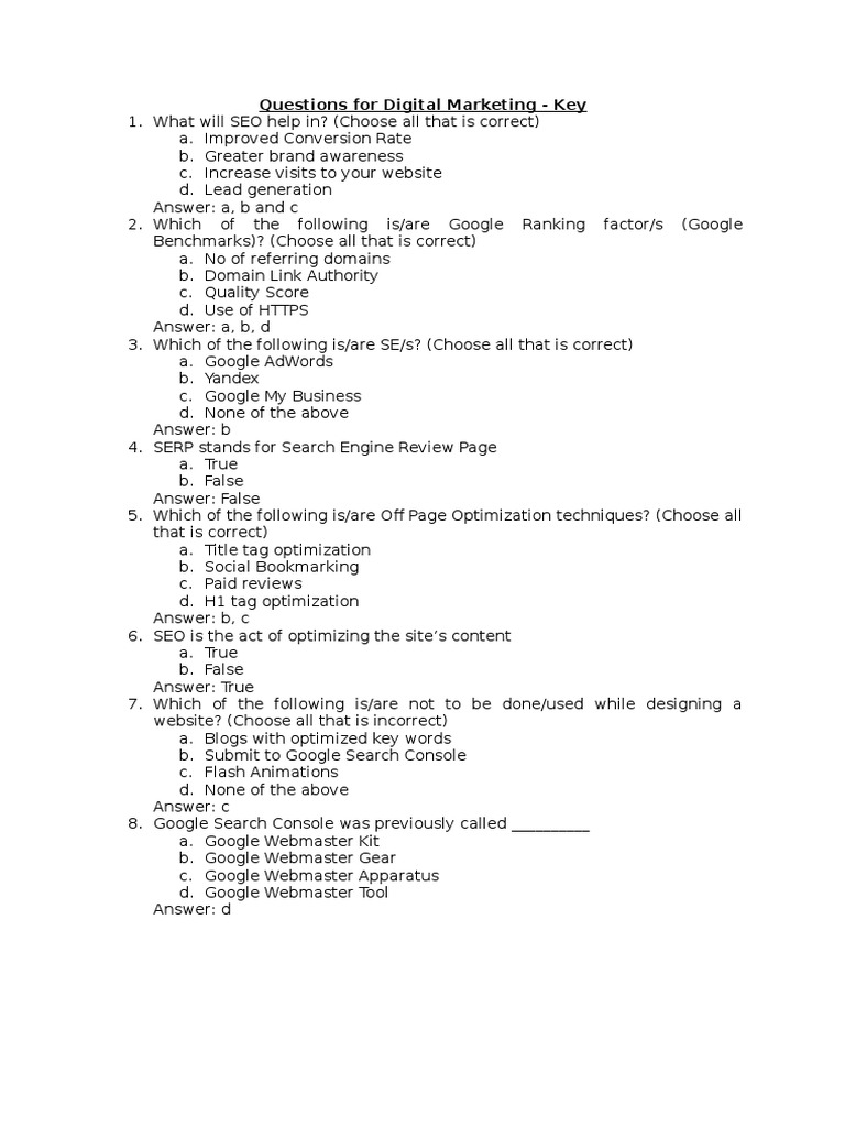 Digital Marketing Exam Questions & Answers | PDF | Search Engine ...