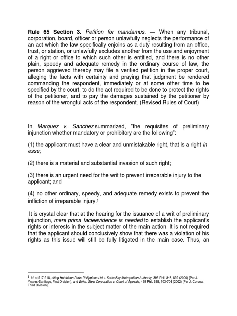 Rule 65 Section 3. Petition For Mandamus.: Esse | PDF | Injunction ...