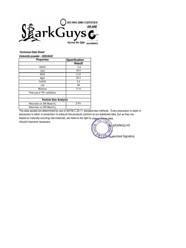 Dolomite Powder Specification Data | PDF