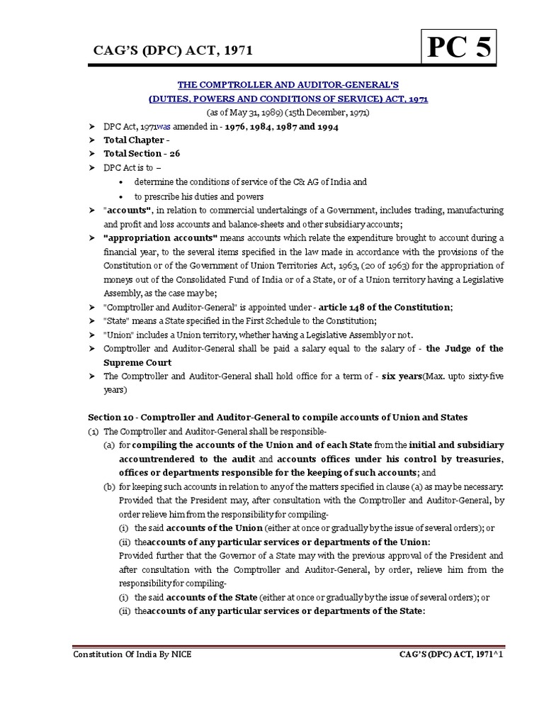 CAG'S (DPC) ACT, 1971: The Comptroller and Auditor-General'S (Duties ...