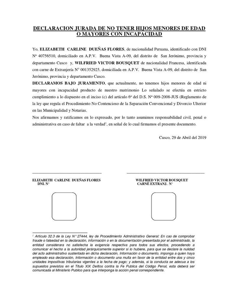 2 Declaraciones Jurada de No Tener Hijos | PDF