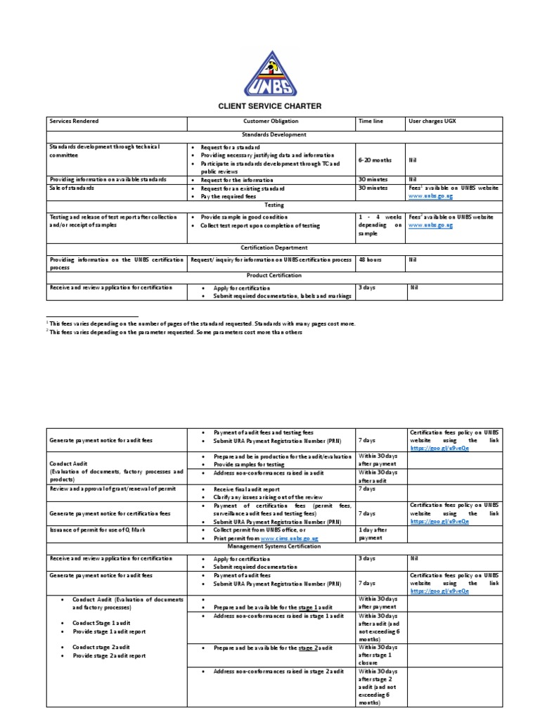 Uganda National Bureau of Standards Client Service Charter 2018 | PDF ...