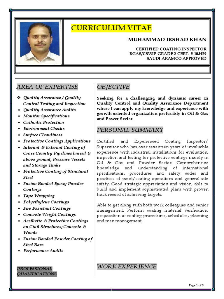 Coating Inspector CV: Muhammad Irshad Khan | PDF | Materials | Business ...