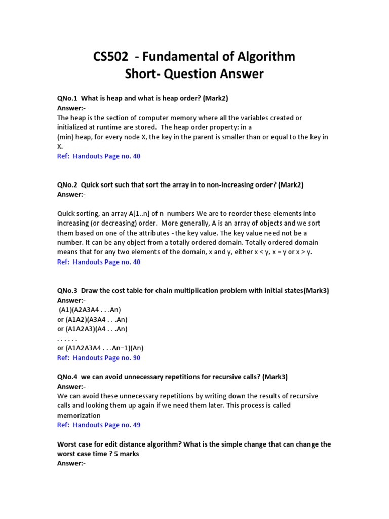 CS502 - Fundamental of Algorithm Short-Question Answer: Ref: Handouts Page No. 40 | PDF ...