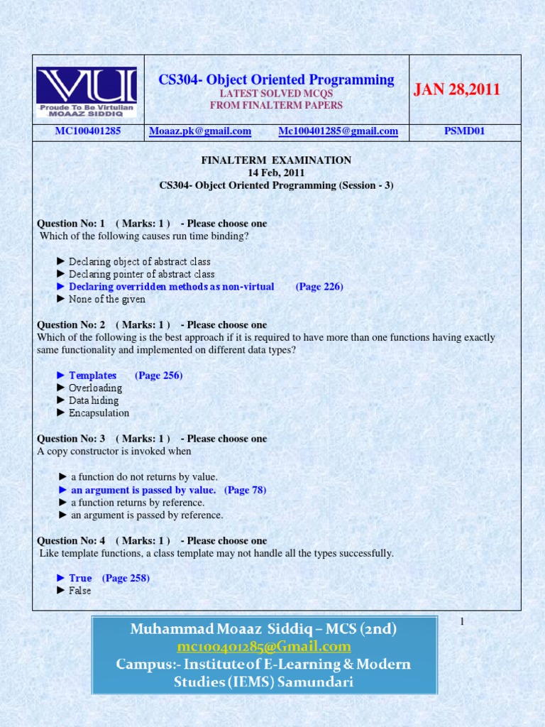CS304 Final MCQs PDF | PDF | Class (Computer Programming) | Method (Computer Programming)