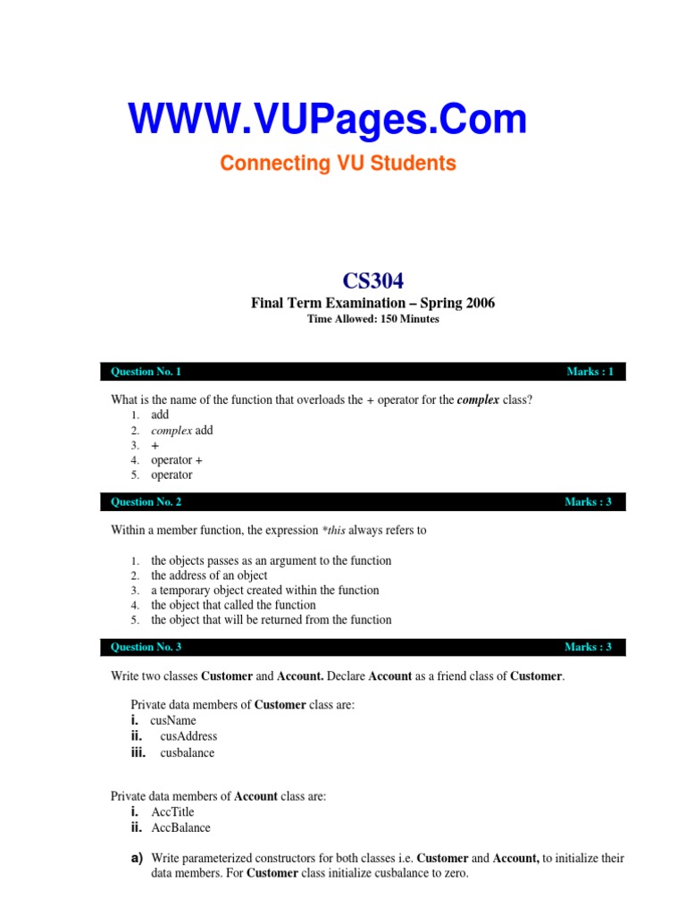 CS304 Final Spring2006 PDF | PDF | Method (Computer Programming) | Class (Computer Programming)