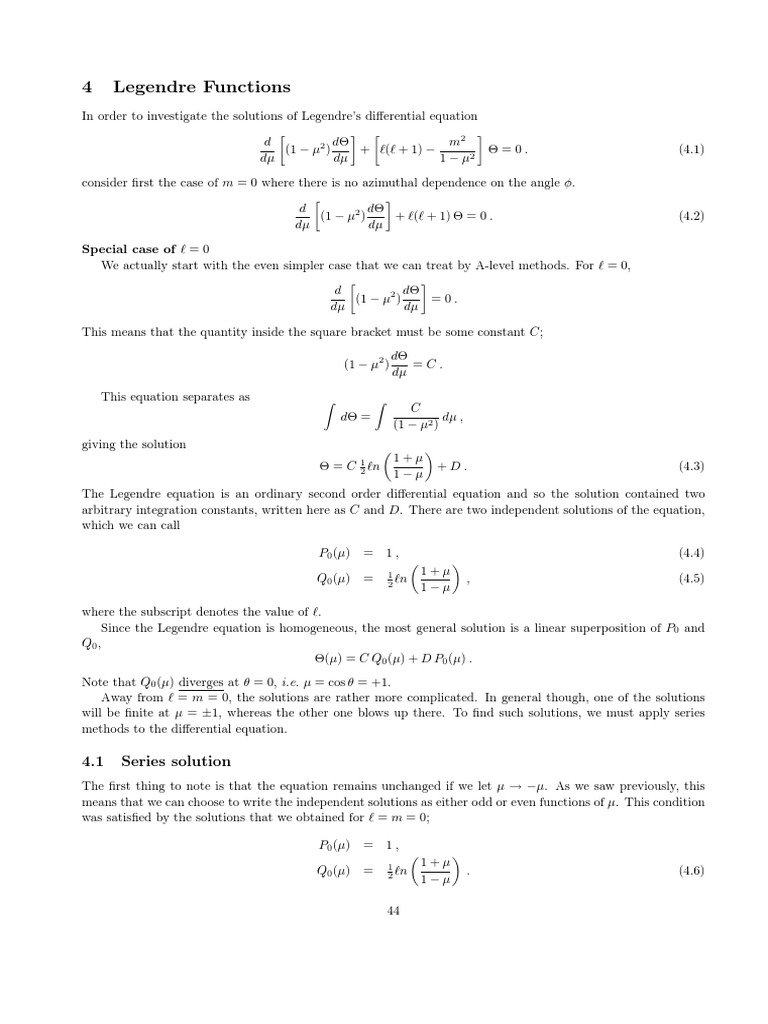 4 Legendre Functions: 4.1 Series Solution | PDF | Series (Mathematics) | Recurrence Relation