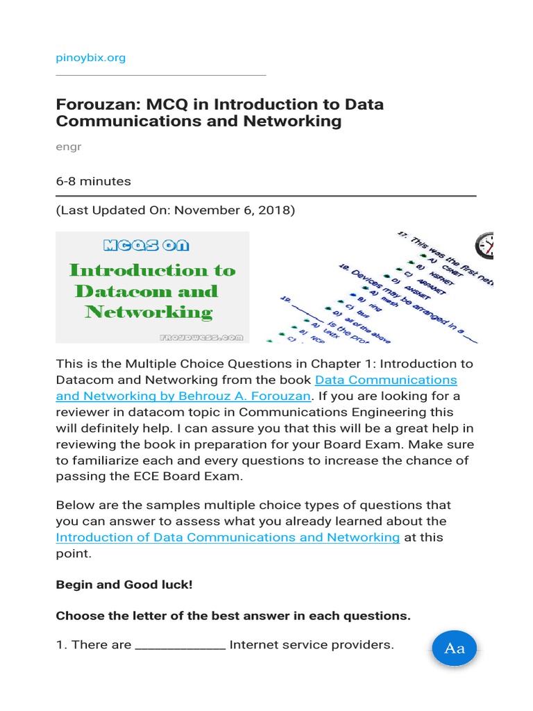 Forouzan MCQ in Introduction To Data Communications and Networking PDF ...