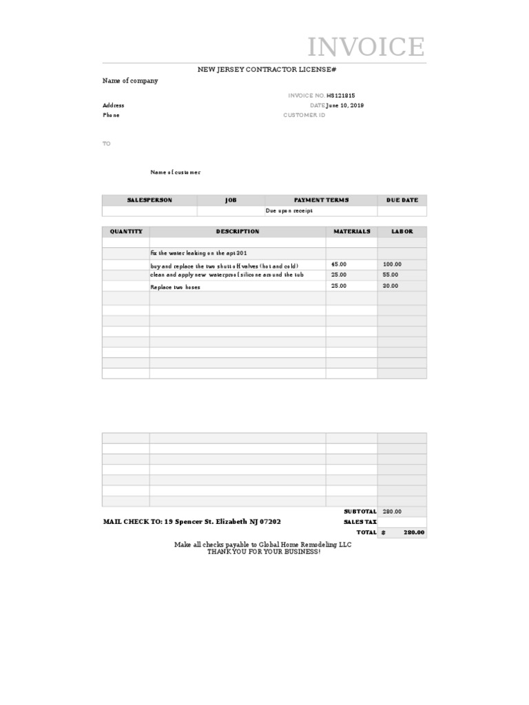 New Jersey Home Repair Invoice | PDF