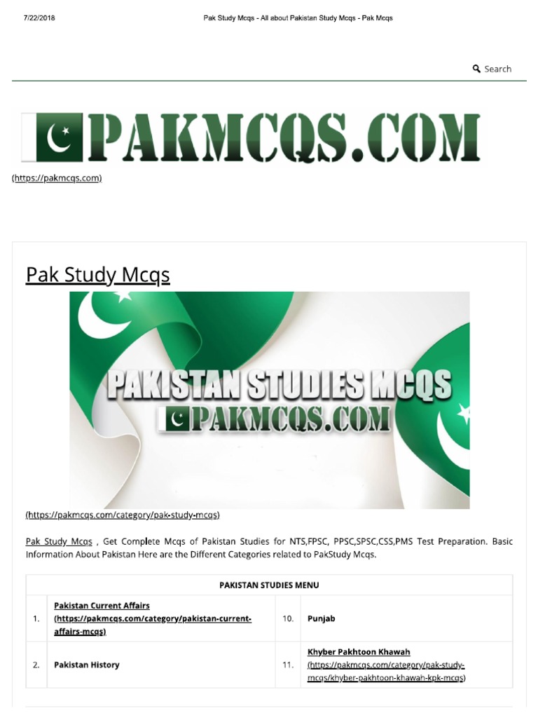 Pak Study Mcqs - All About Pakistan Study Mcqs - 1 | PDF