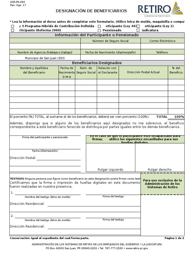 Designacion de Beneficiarios ASR-PA 094 | PDF | Pensión | Gobierno