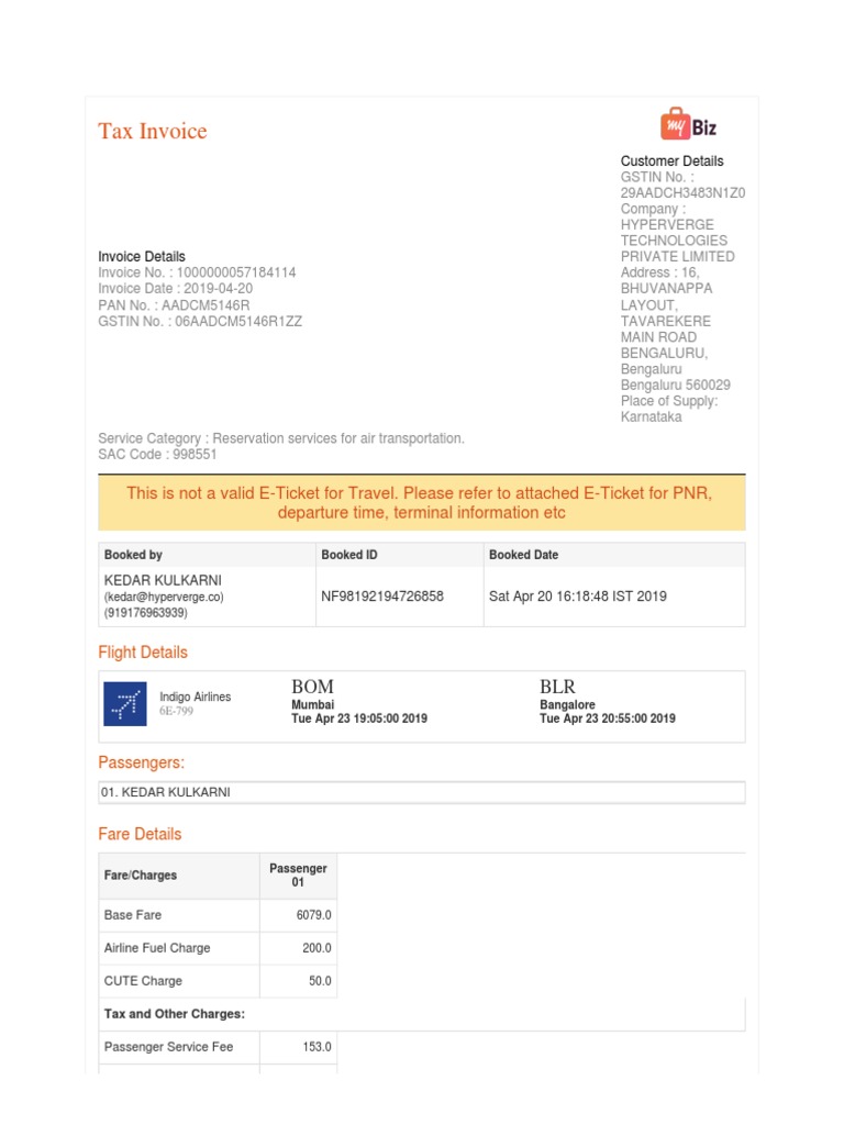 Invoice for an airline ticket booking from Mumbai to Bangalore made ...