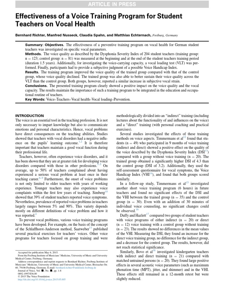 Effectiveness of A Voice Training Program For Student Teachers On Vocal ...