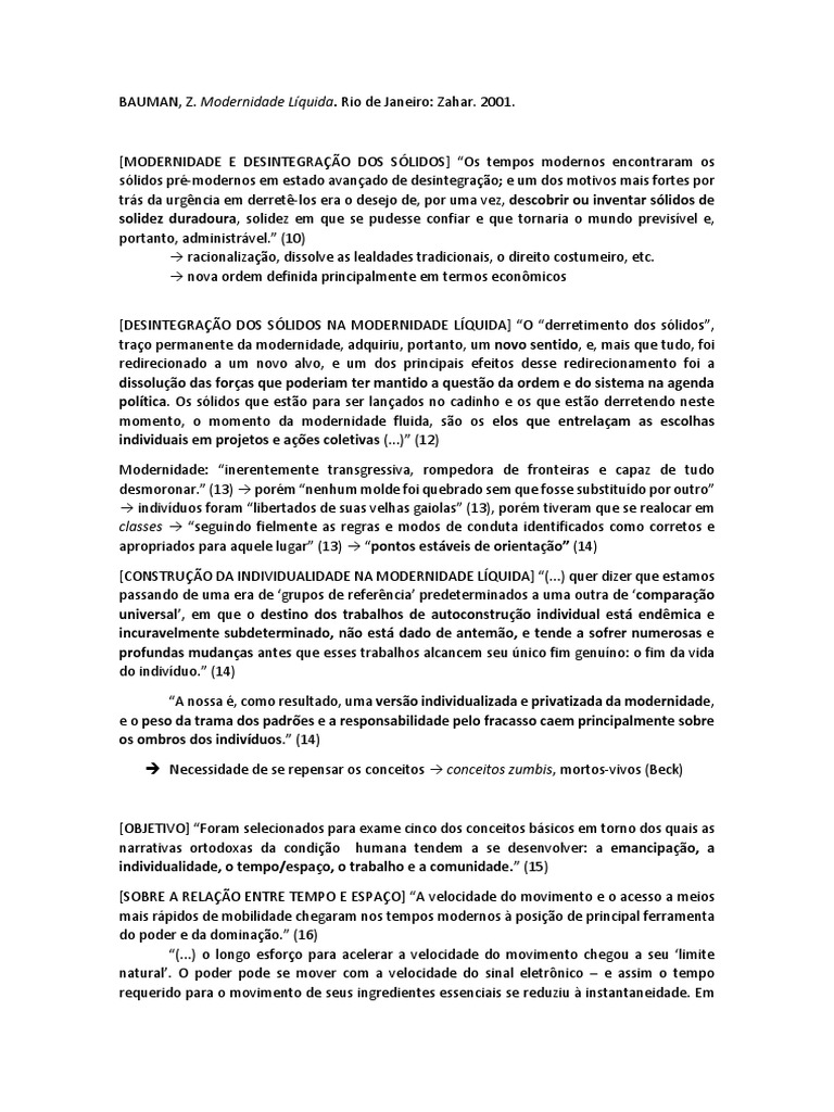 Fichamento - Modernidade Líquida (Zygmunt Bauman) | PDF | Modernidade | Humano