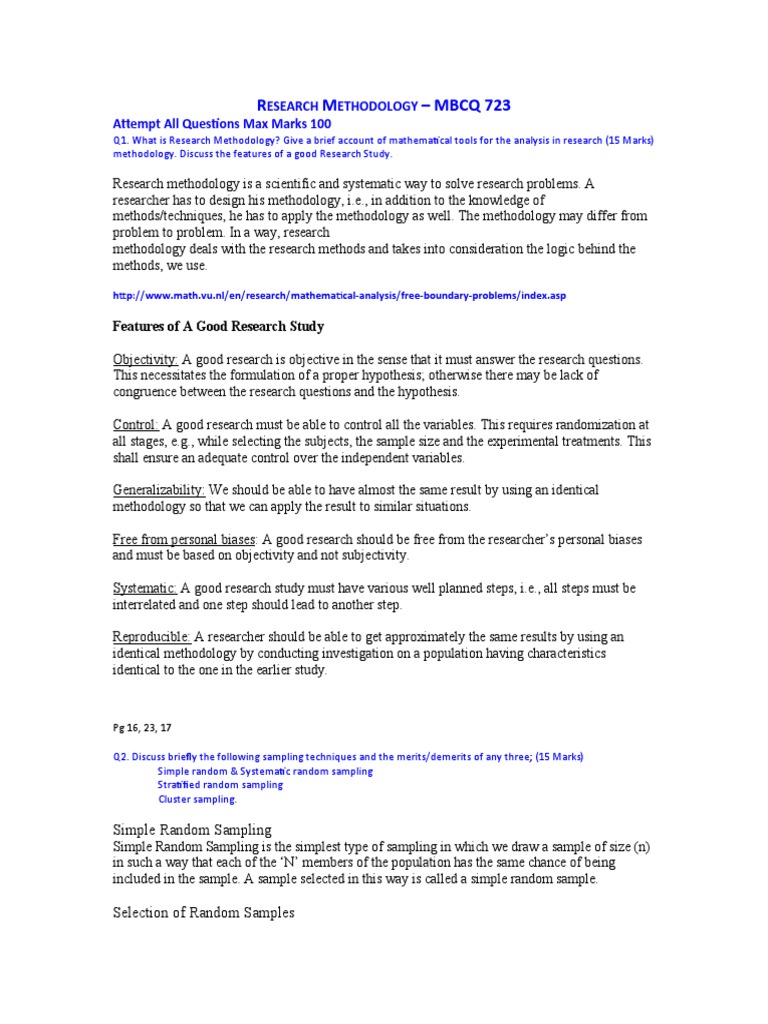 R M - MBCQ 723: Esearch Ethodology Attempt All Questions Max Marks 100 | PDF | Sampling ...