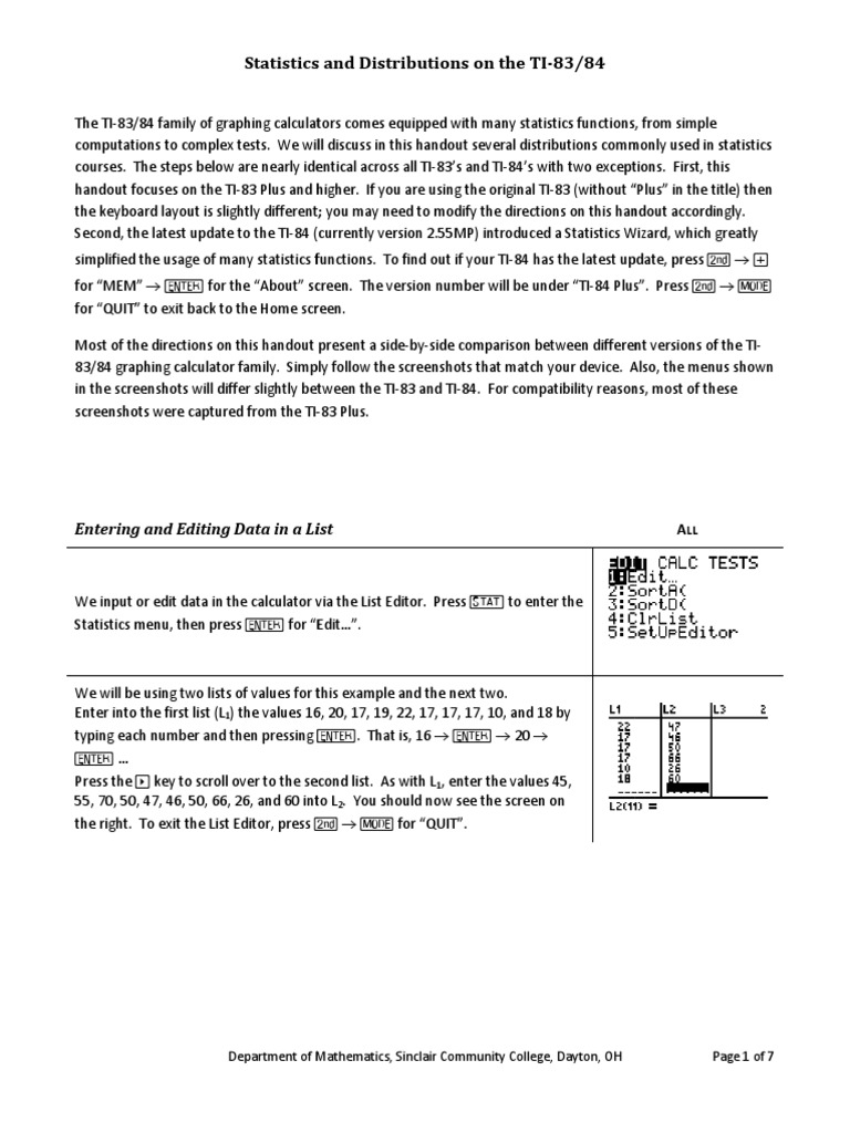 TI-83/84 Statistics Functions Guide | PDF | Probability Distribution ...