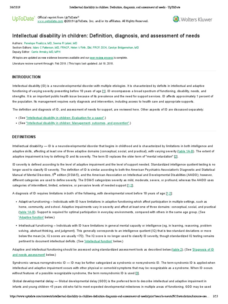 Intellectual Disability in Children- De...is, And Assessment of Needs ...