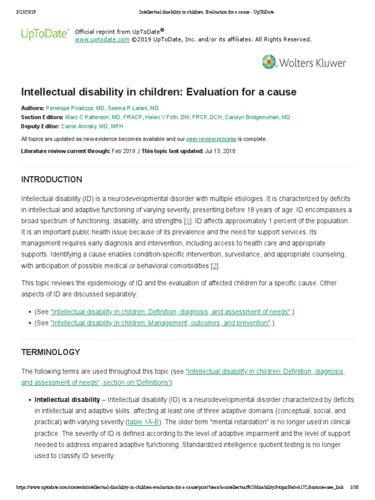 Intellectual Disability in Children - Evaluation For A Cause - UpToDate ...