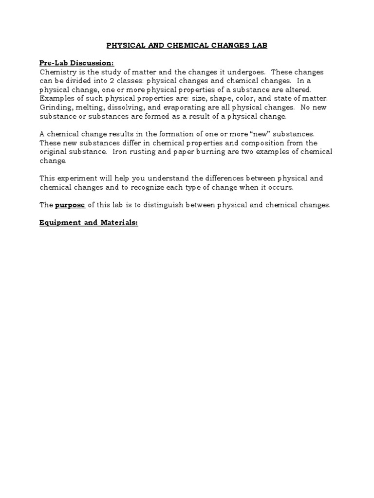 Physical and Chemical Changes Lab Pre-Lab Discussion | PDF | Chemical ...