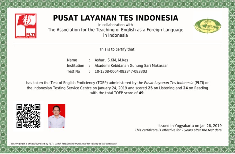 TOEP Certificate: Ashari's Scores | PDF