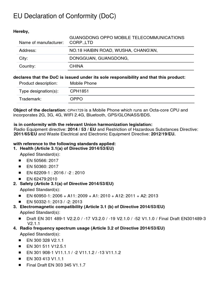EU Declaration of Conformity (DoC) - CPH1851 - EN | PDF