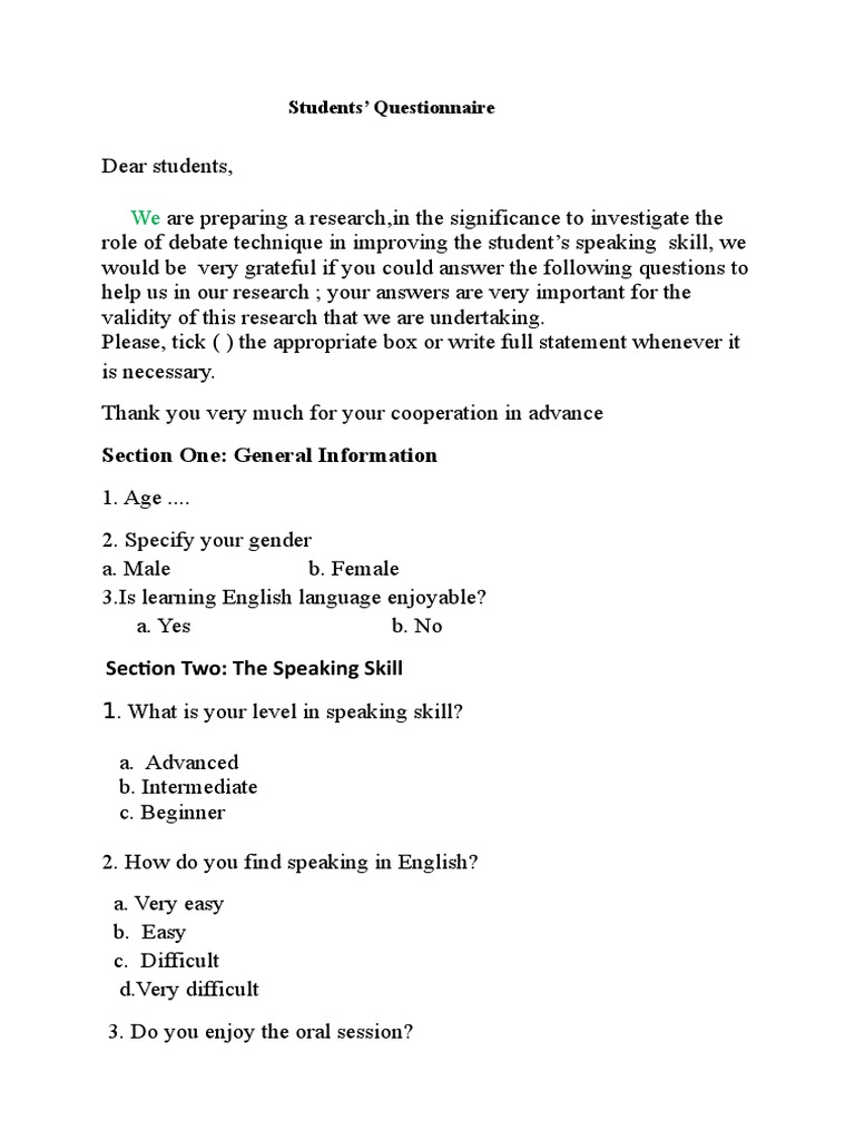 Improving Student Speaking Skills Questionnaire | PDF | English As A ...