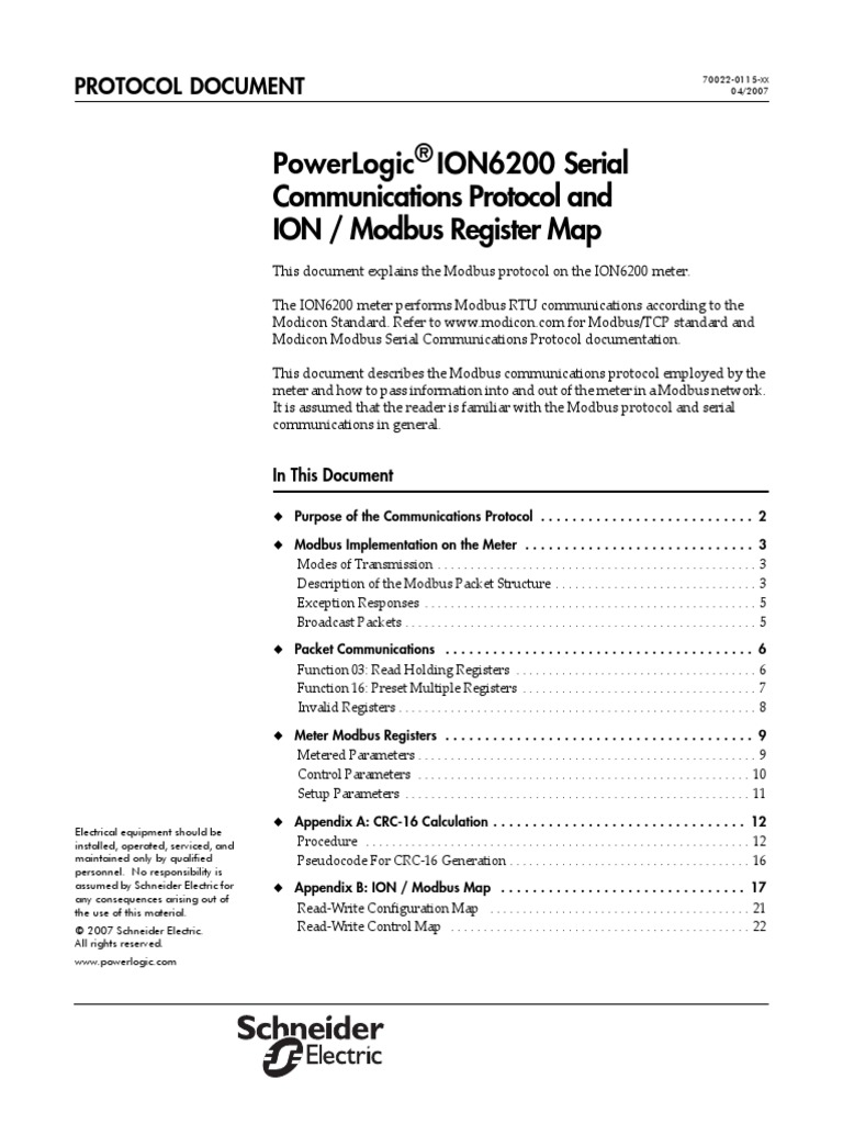 Powerlogic Ion6200 Serial Communications Protocol and Ion / Modbus Register Map | PDF | Computer ...