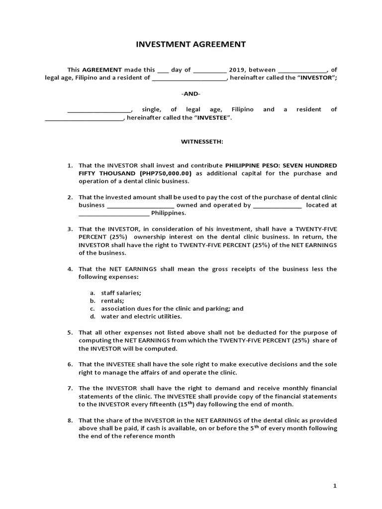Investment Agreement for Dental Clinic | Net Income | Investing