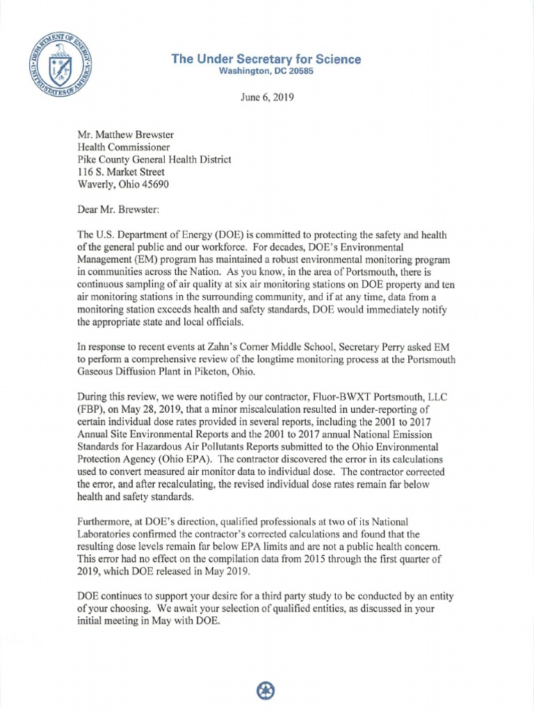 DOE letter to Health Commissioner Matthew Brewster